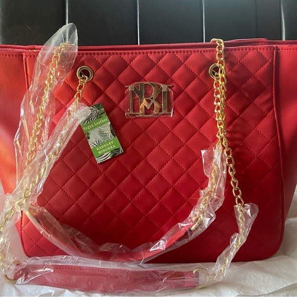 Bags | Badgley Mischka Vegan Leather Red Quilted Tote Bag With Gold ...